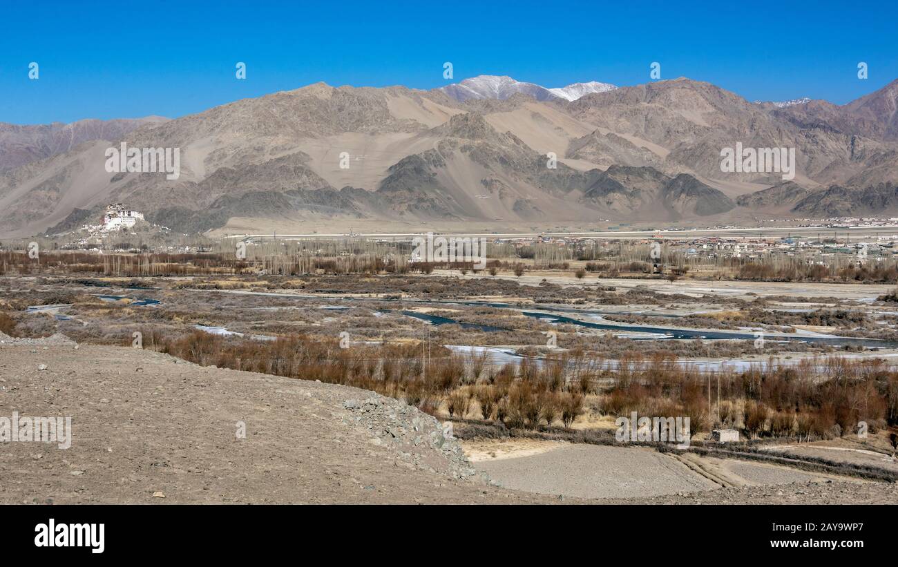 Indus River valley with Spituk Gompa and Leh, Ladakh, India Stock Photo ...