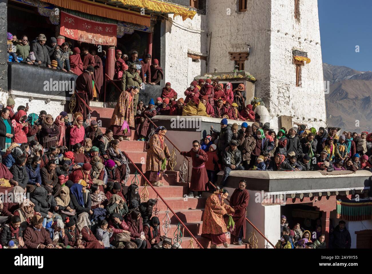 Masked Cham dancers entering the courtyard, Gustor festival, Spituk ...