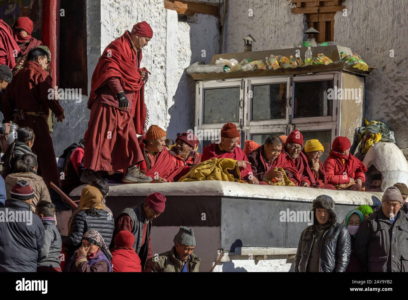 Monks in red robes at the Gustor festival, Spituk Gompa, Leh, Ladakh ...