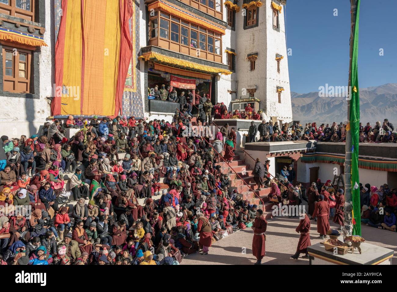 Crowds in the courtyard during the Gustor festival, Spituk Gompa, Leh ...