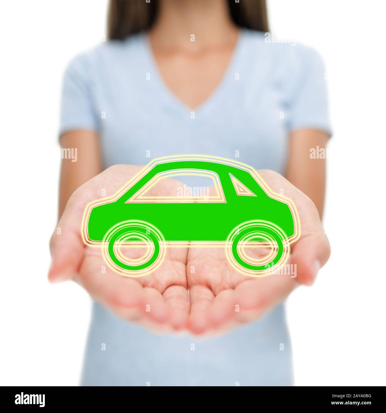 Green car insurance woman showing open hands. Eco friendly environment ...
