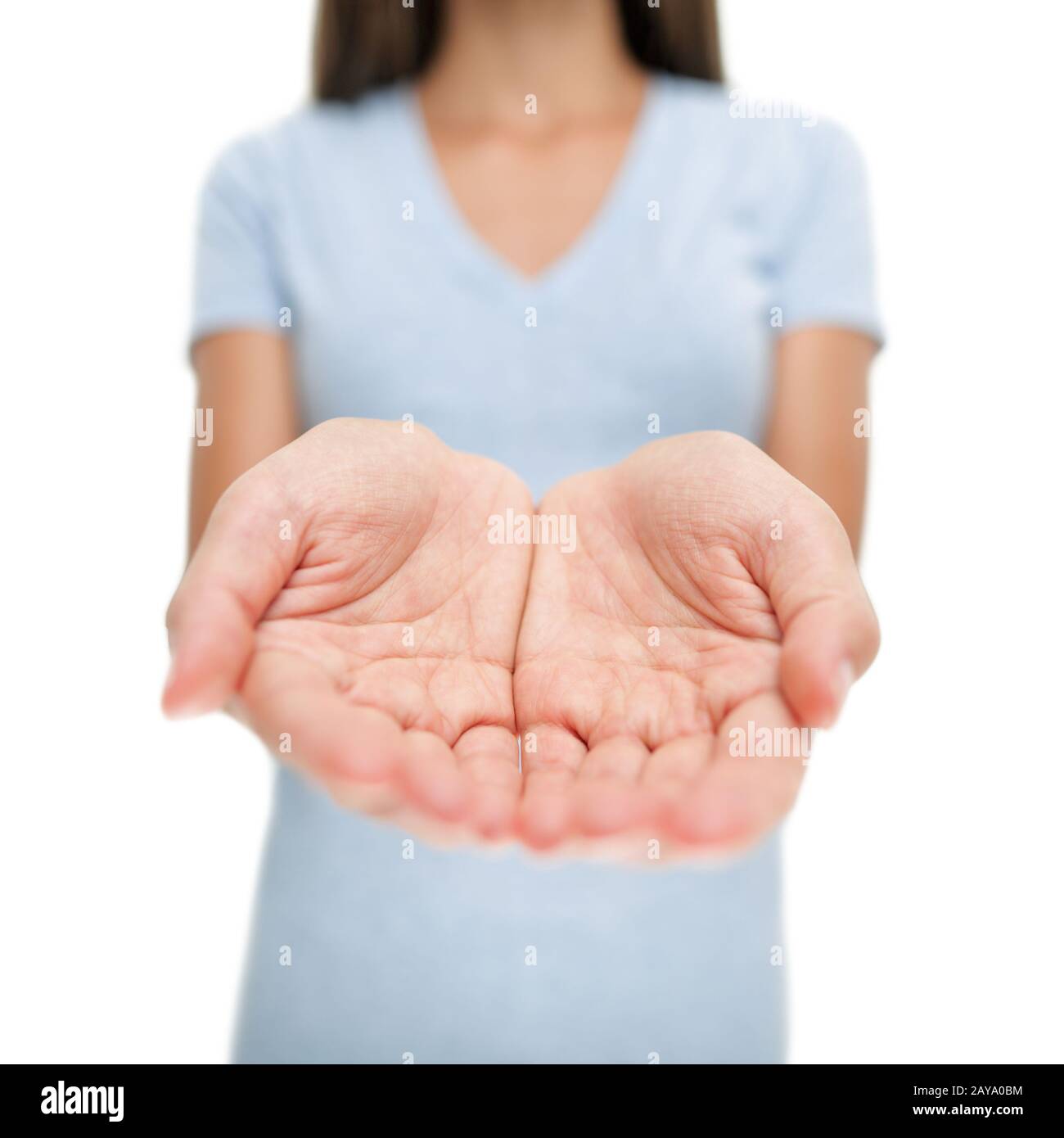 Showing open empty hands woman for holding product object, copyspace ...