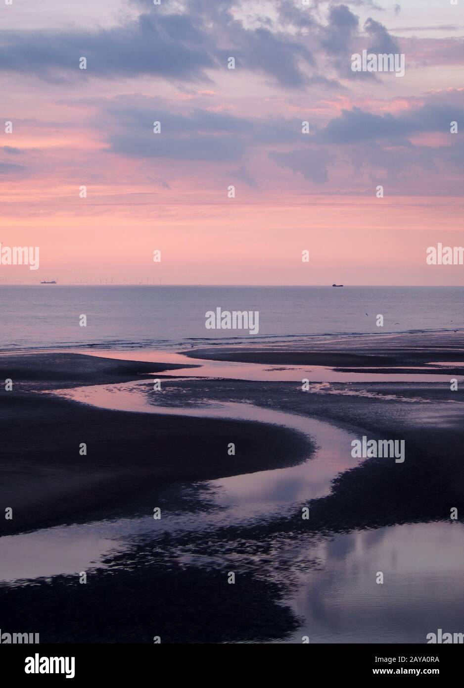 purple twilight over a calm sea with water on the dark beach reflecting ...