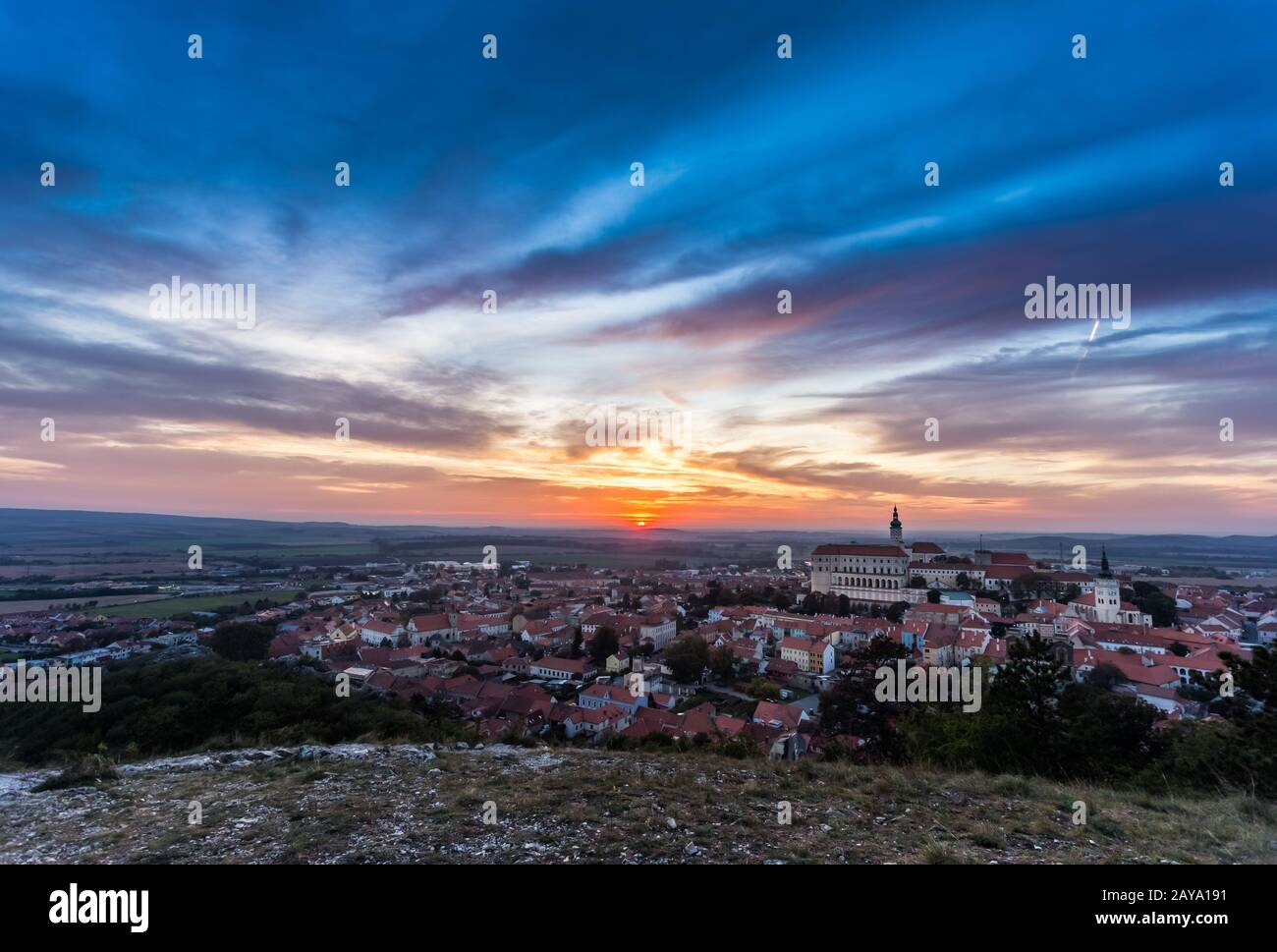 Colorful autumn Sunset over the Mikulov city, Moravia, Czech Republic ...