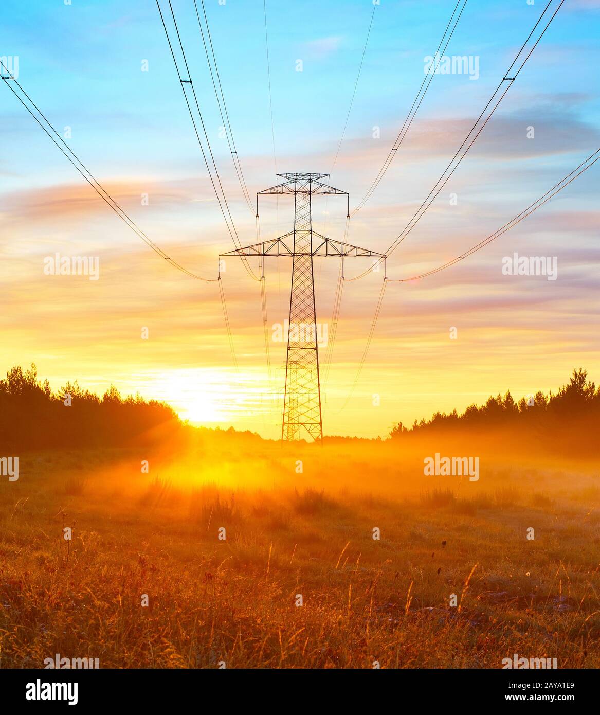 Power lines and sunrise landscape Stock Photo - Alamy