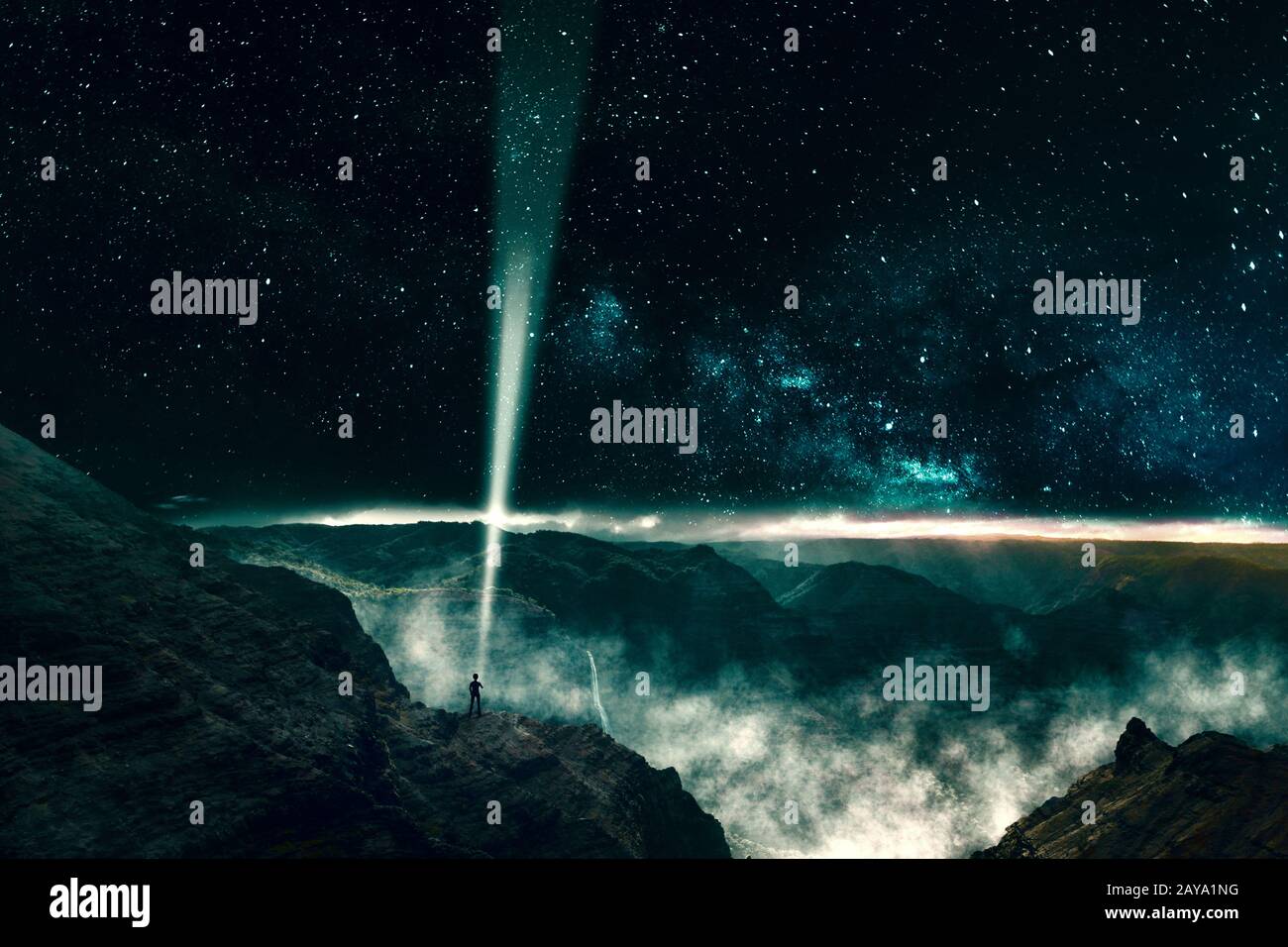 One person sending a light beam signal into outer space. Concept for ...