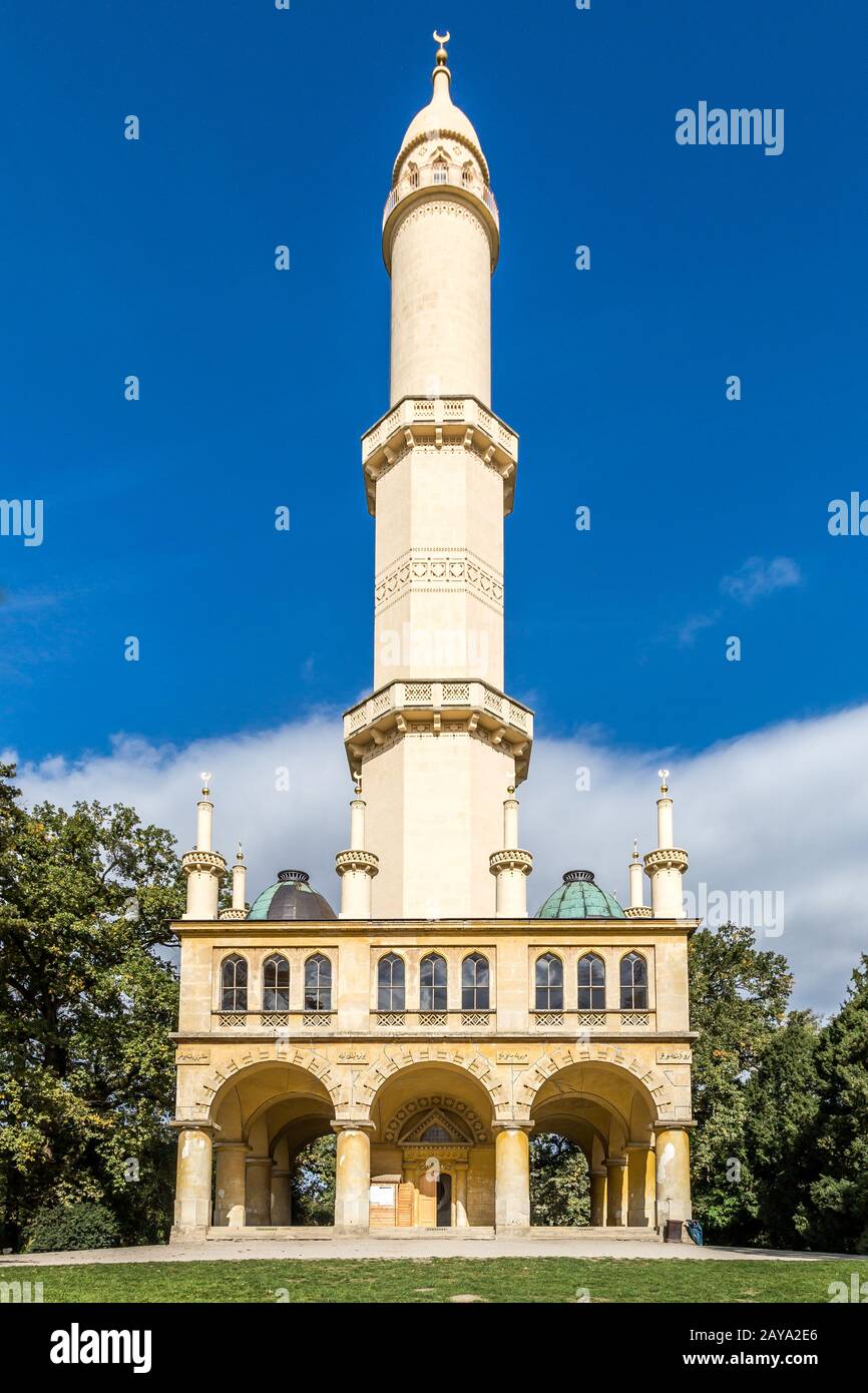 Park with minaret in park of Lednice castle Stock Photo - Alamy
