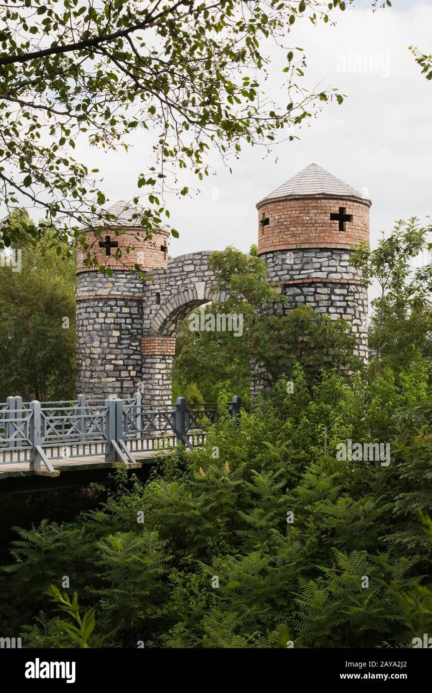 Medieval bridal bridge with stone towers and Rhus - Sumac trees in Five ...
