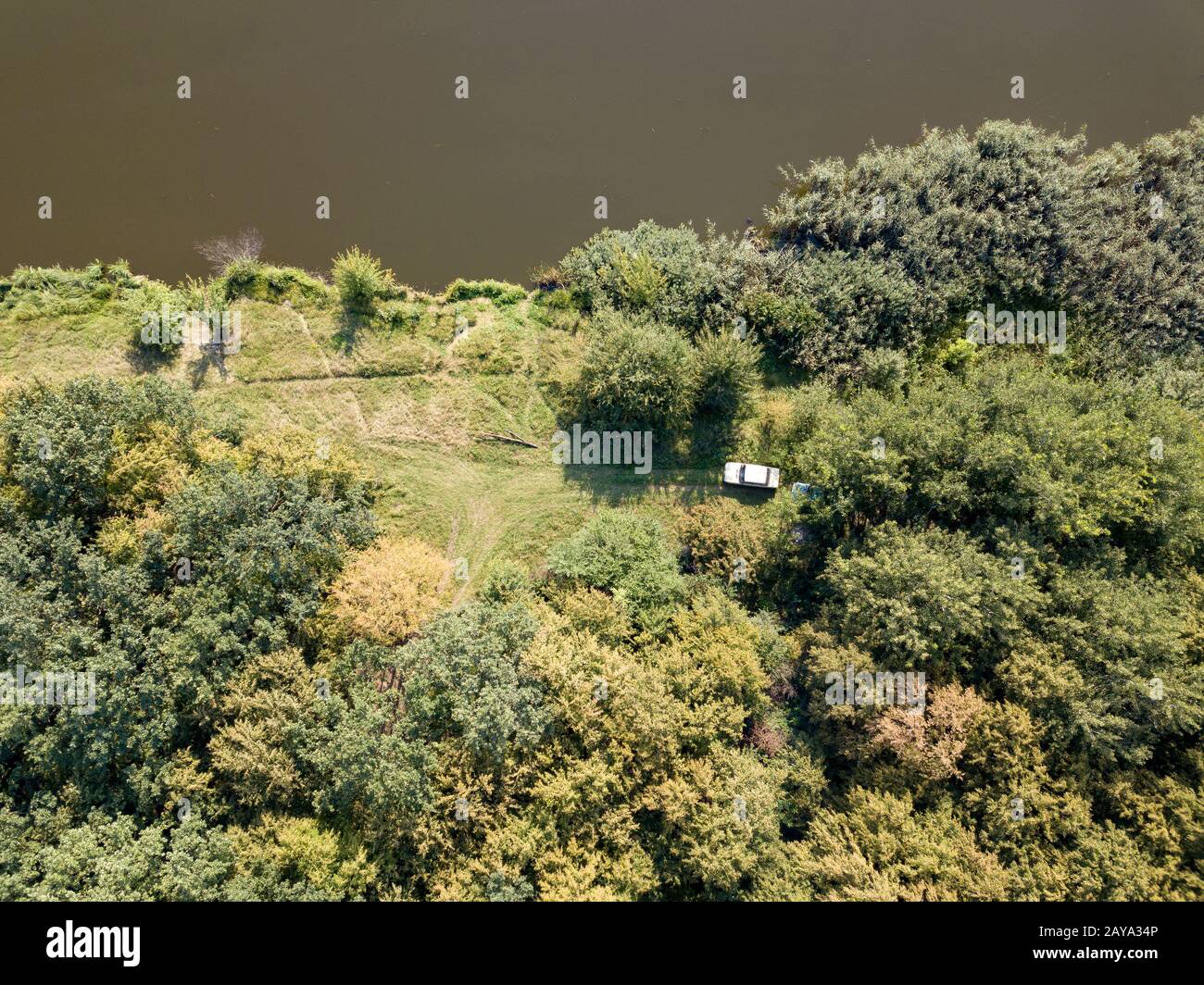 Aerial view from drone recreation place on a bank of river. Top view ...