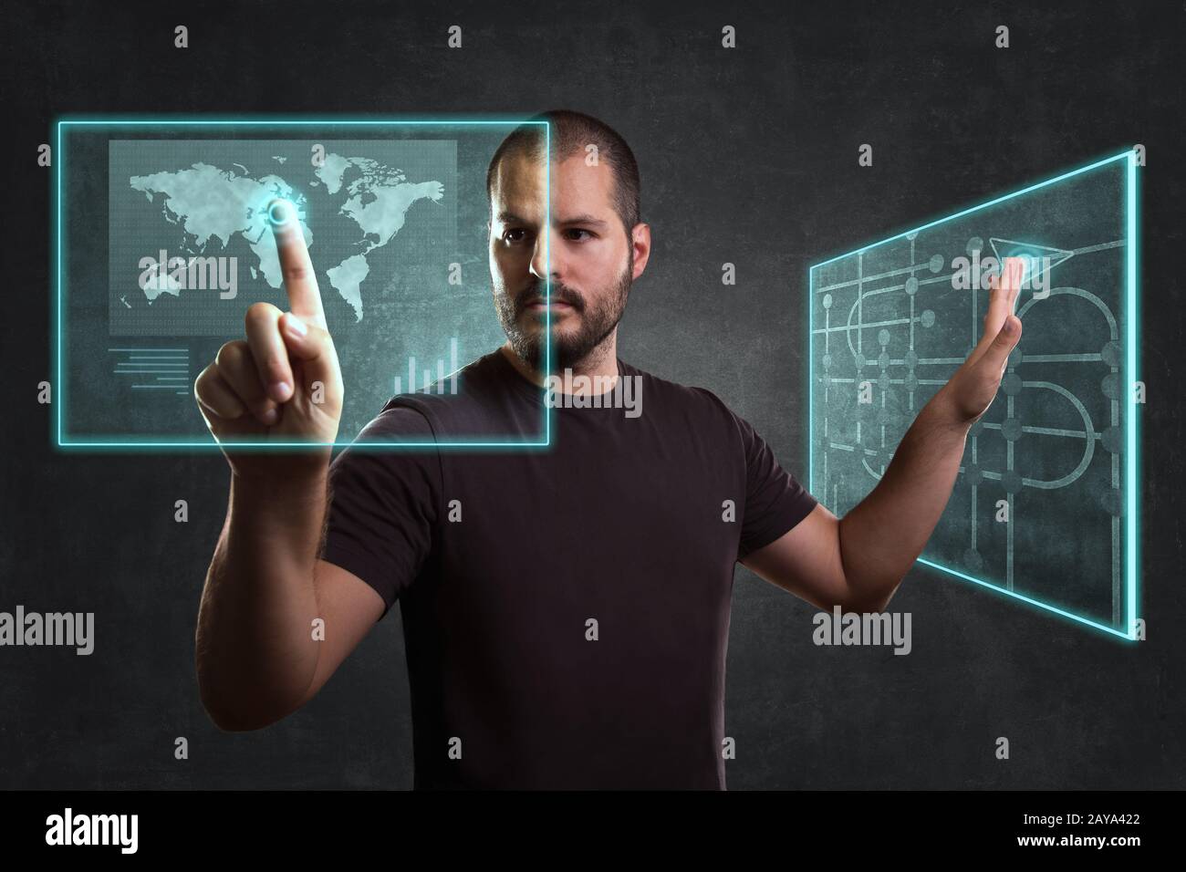 Man from the future operating with floating monitors. Concept for ...