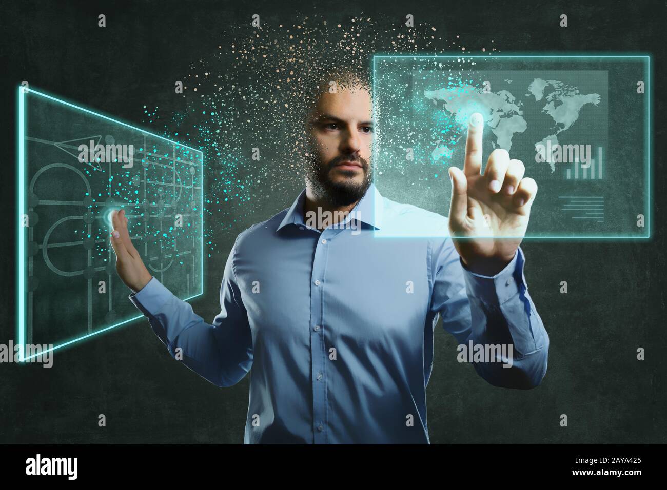 Man from the future operating with floating monitors. Concept for ...