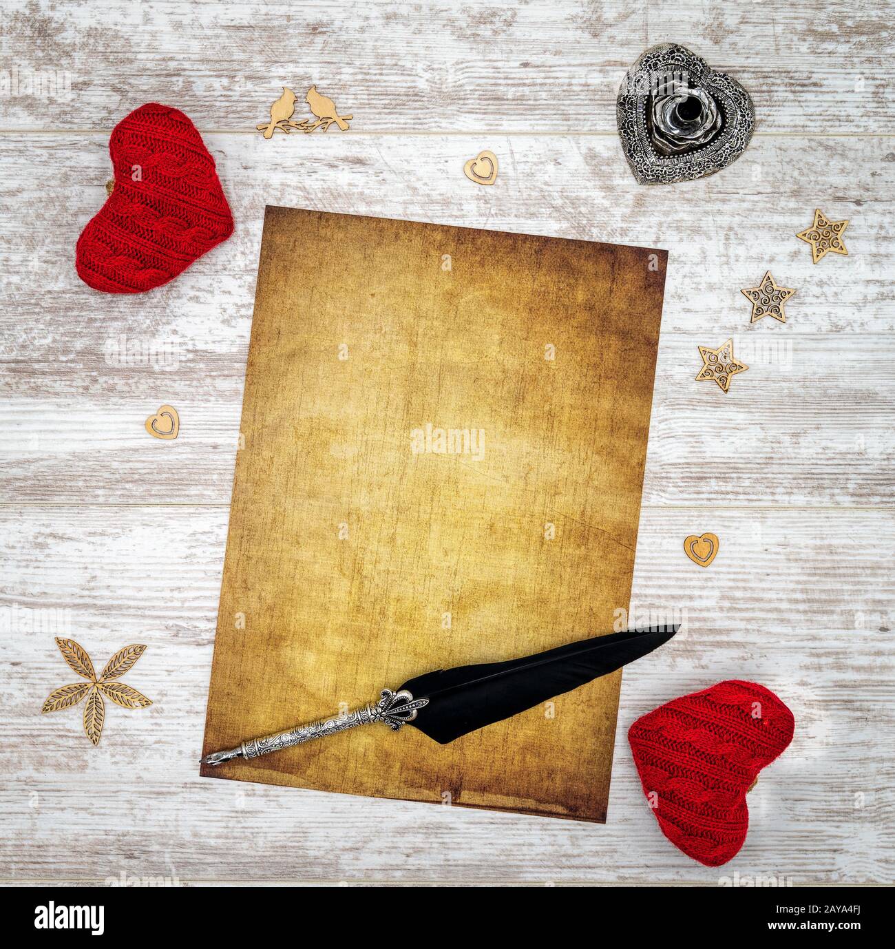 Antique blank preachment with quill, quill stand and love hearts Stock ...