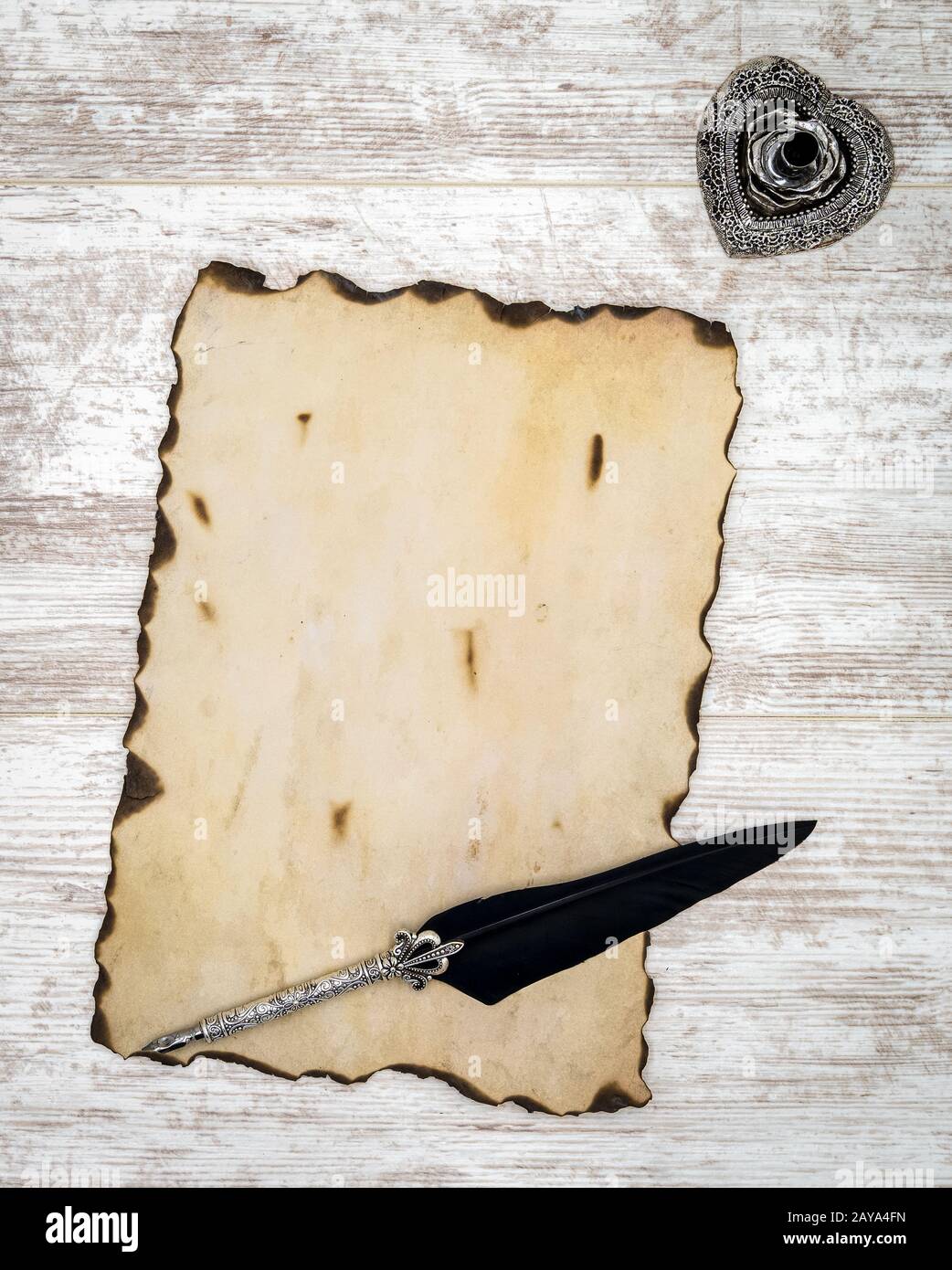 Burned antique blank preachment, detailed silver quill and quill stand ...