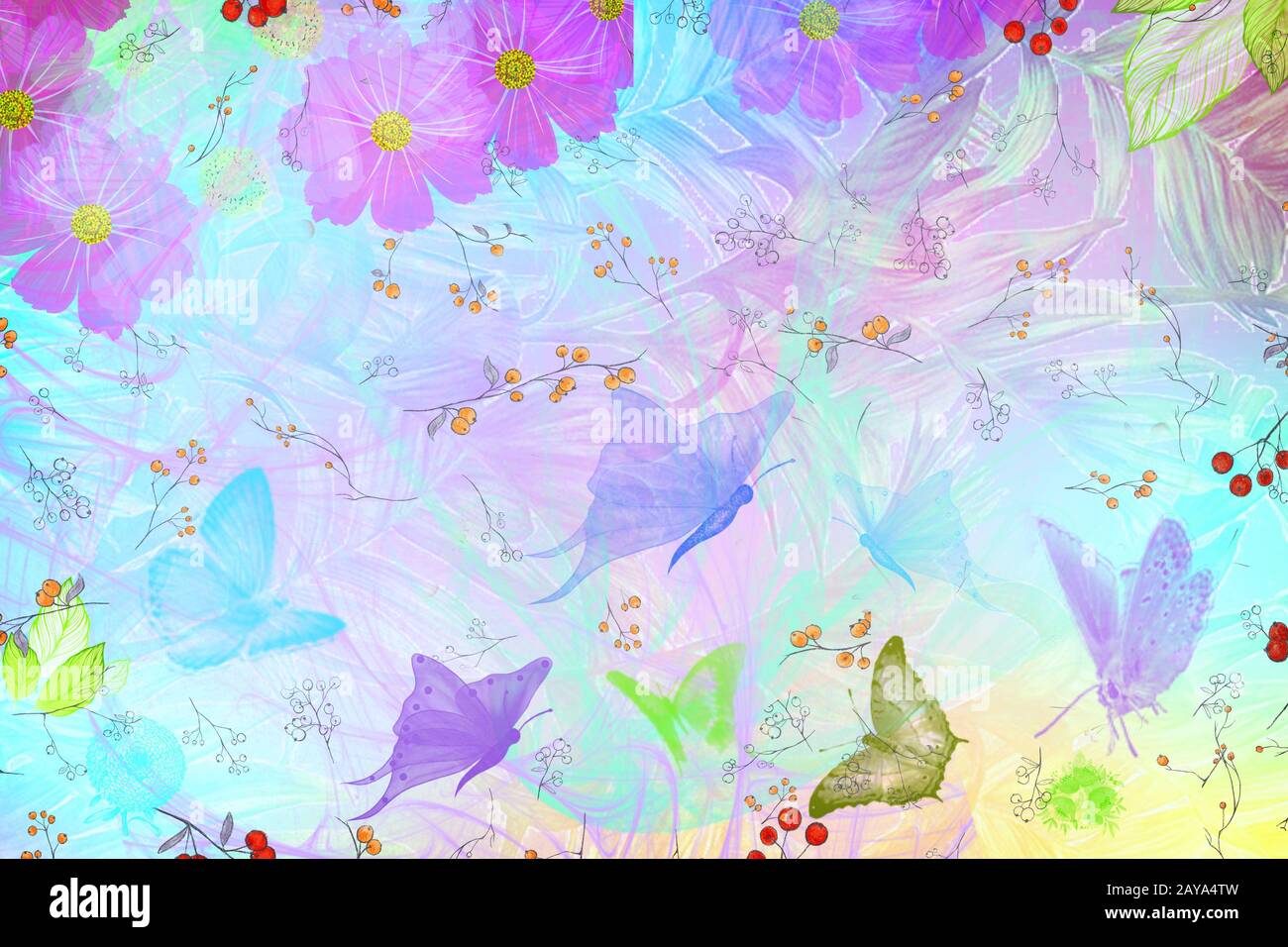 Abstract image: butterflies and flowers with leaves Stock Photo - Alamy