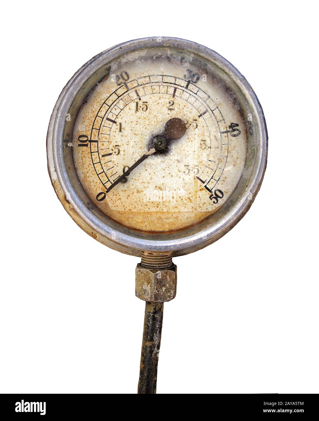 Old rusty round industrial pressure gauge with numbers round the dial ...
