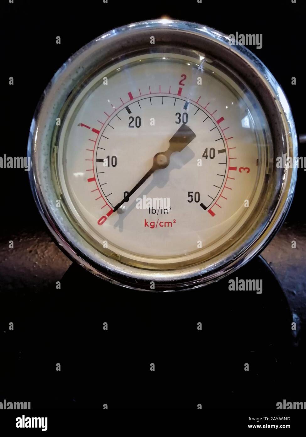 round pressure gauge with numbers marked in psi and metric on the meter ...