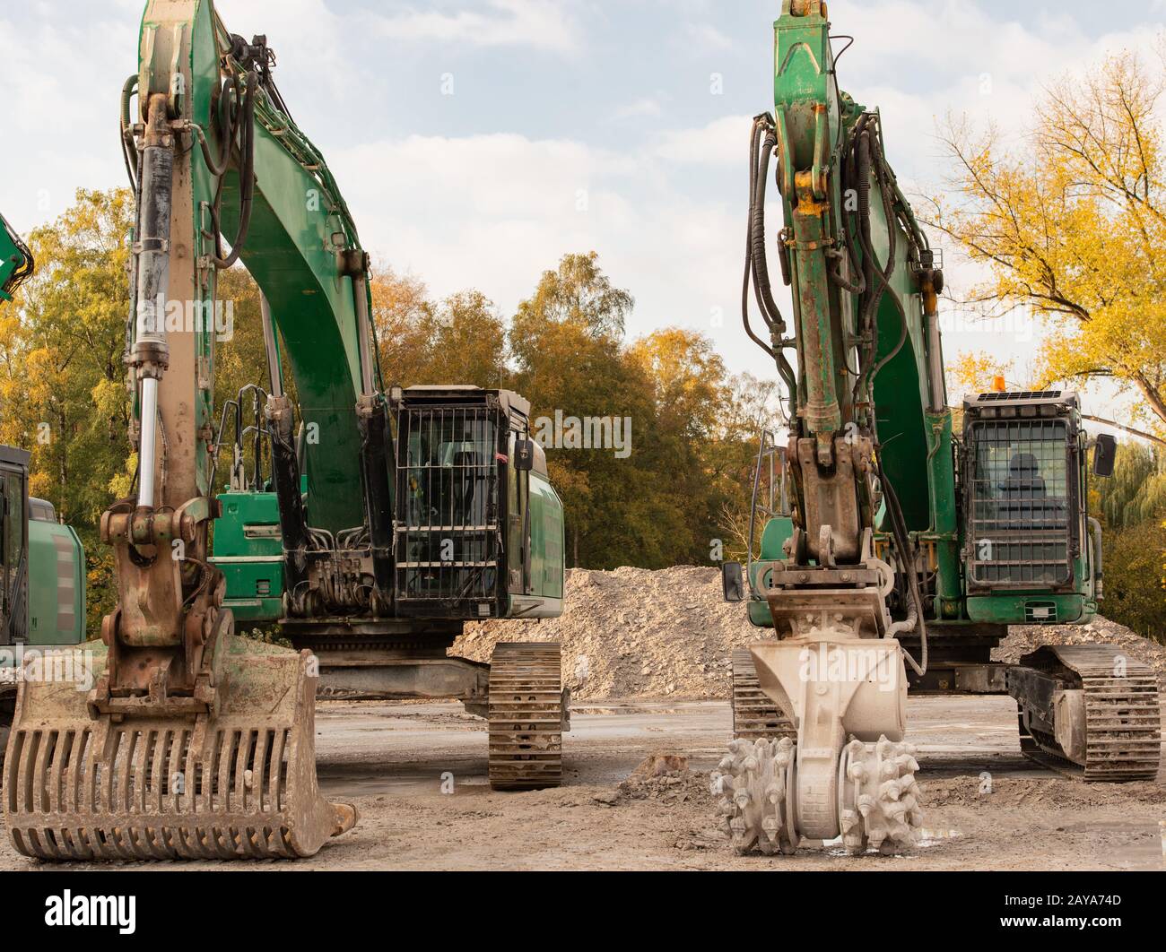 Building demolition with a demolition excavator on a building site ...