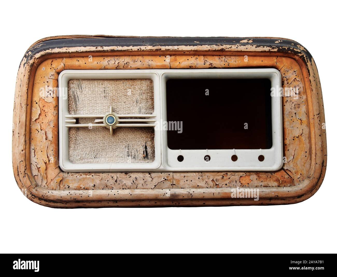 An old broken wooden vintage radio receiver with a cracked brown case ...