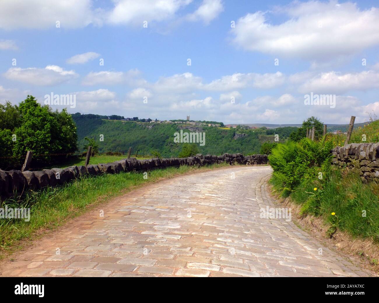 a cobbled country lane curving downhill into the distant wooded valley ...