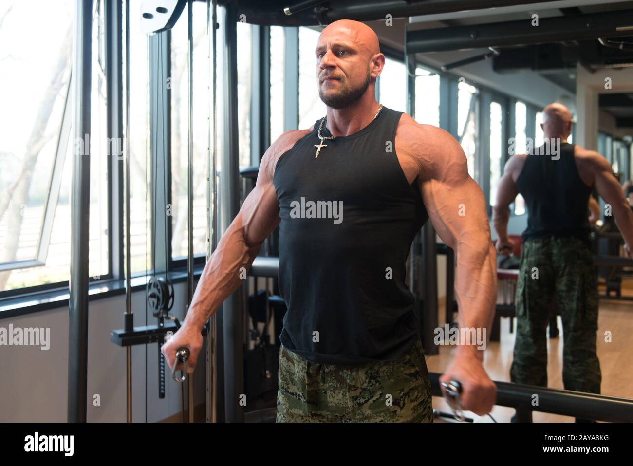 Muscular Fitness Bodybuilder Doing Heavy Weight Exercise For Shoulders ...