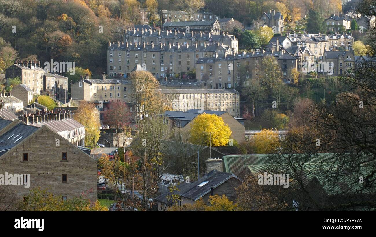 panoramic view of the town of hebden bridge in west yorkshire with ...