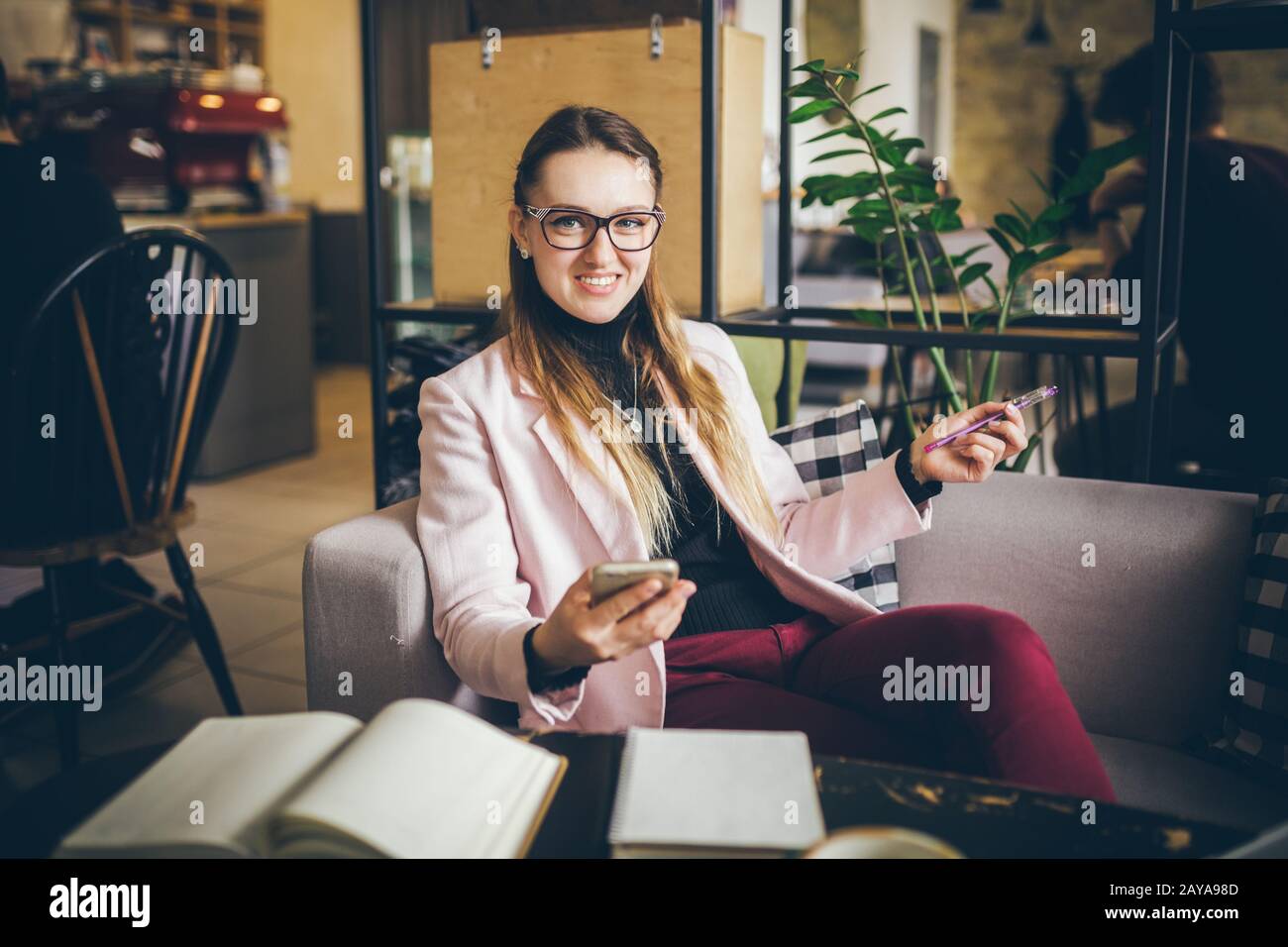 theme modern profession female blogger. Caucasian woman with glasses ...