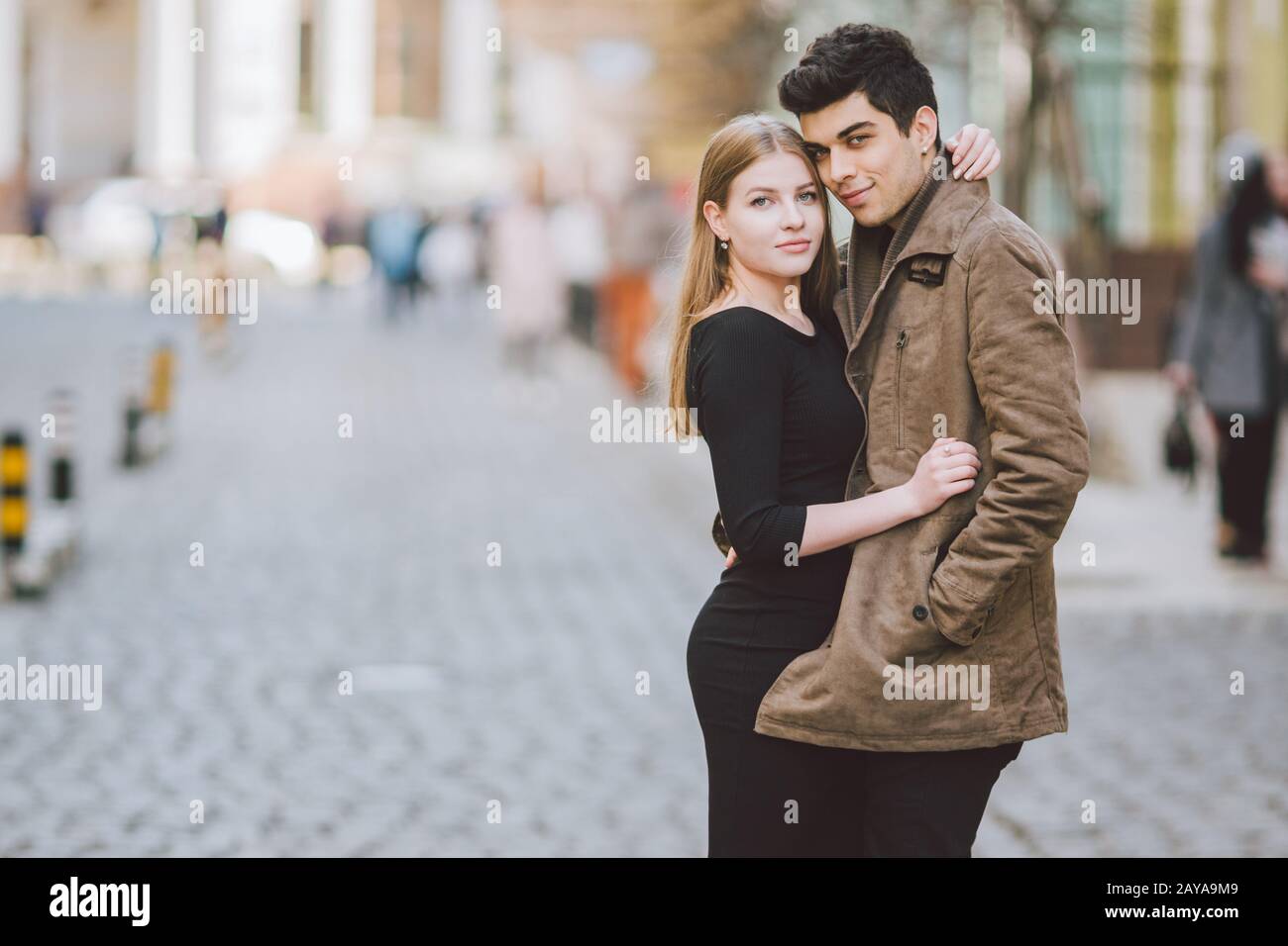 Urban modern young love couple walking romantic talking talking ...