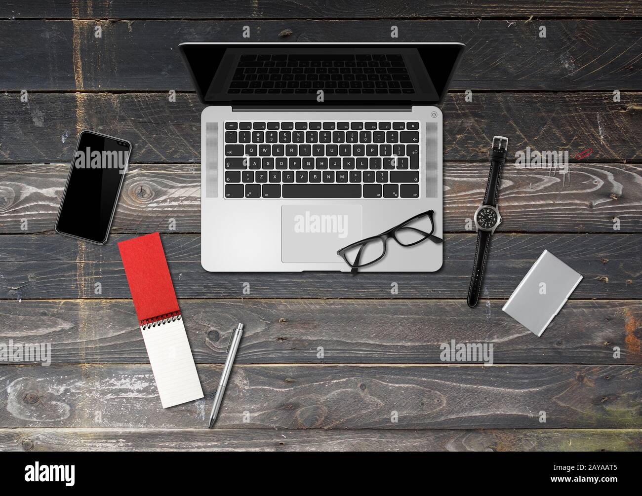 Wooden office desk mockup top view Stock Photo - Alamy