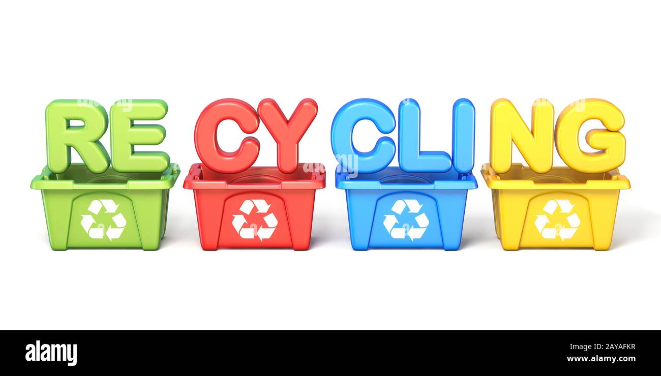 Recycle bins with text RECYCLING 3D Stock Photo - Alamy