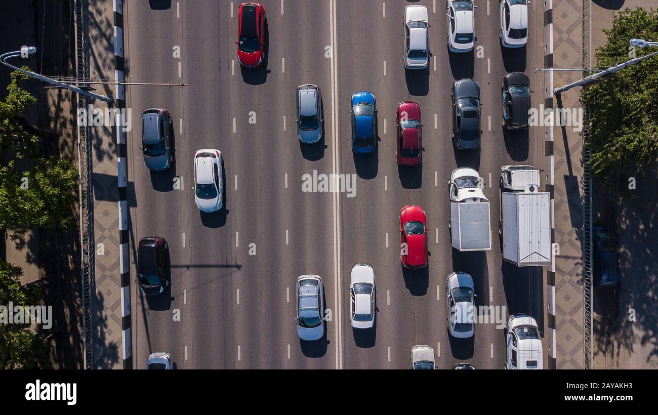 Top down aerial view of urban traffic jam rush hour highway Stock Photo ...