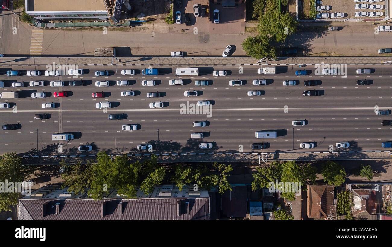 Urban city road traffic from above aerial view Stock Photo - Alamy