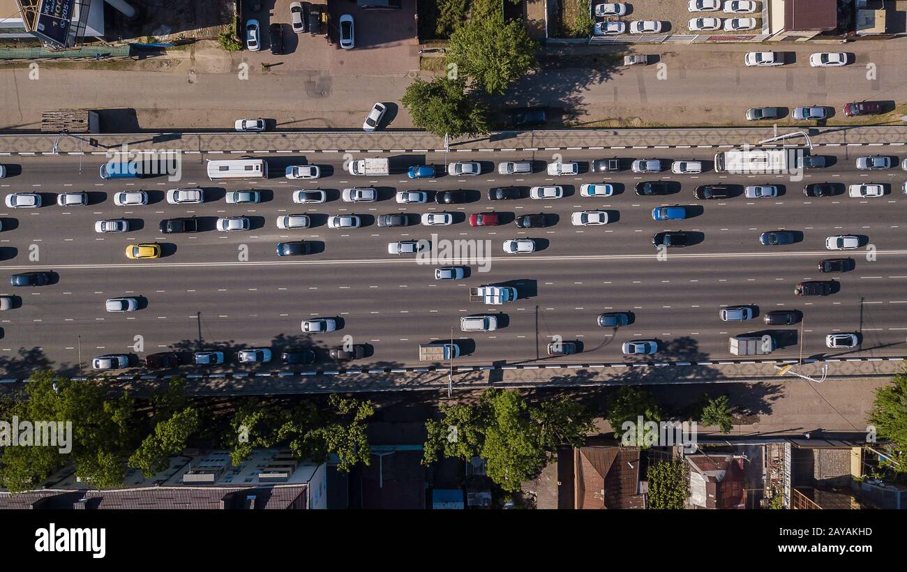 Top down aerial view of urban city traffic jam rush hour highway Stock ...