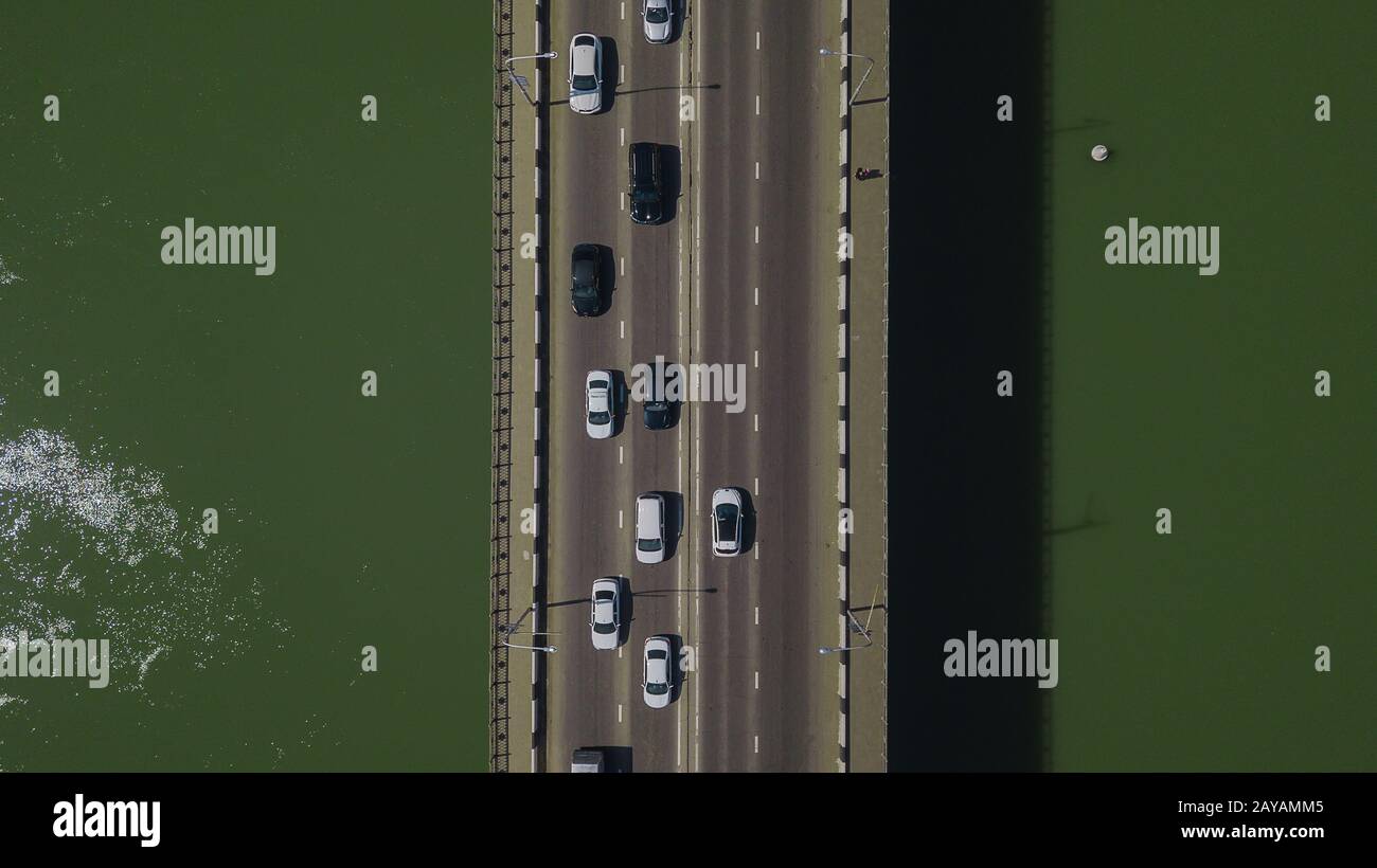 Drone's Eye View - Top down view from above of urban traffic jam with ...