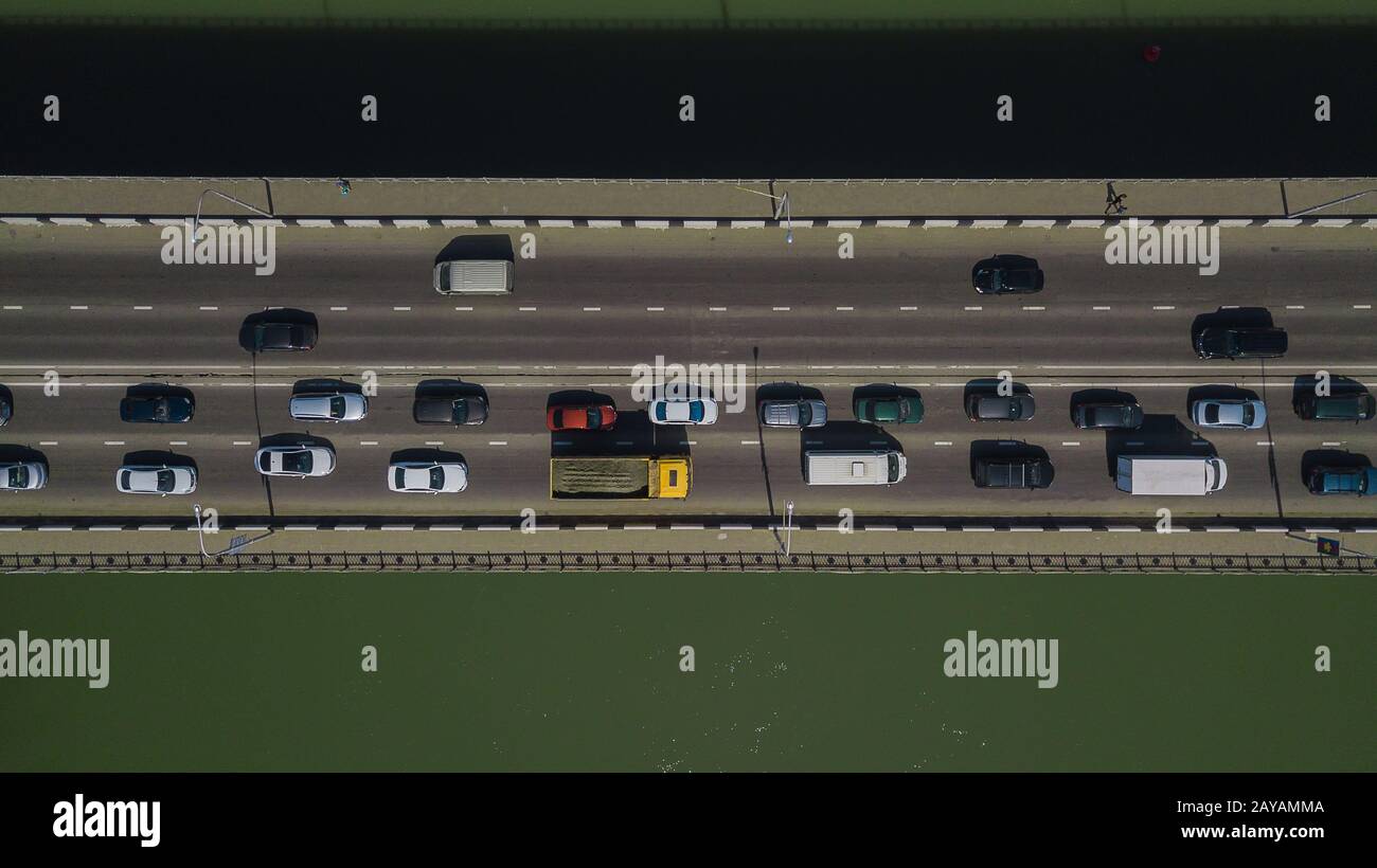 Drone's Eye View - Top down view of urban traffic jam on bridge Stock ...