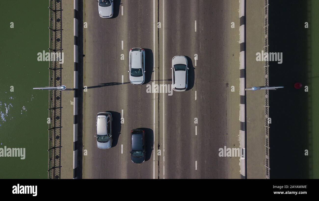 Drone's Eye View - Aerial top down view of urban traffic jam on bridge ...