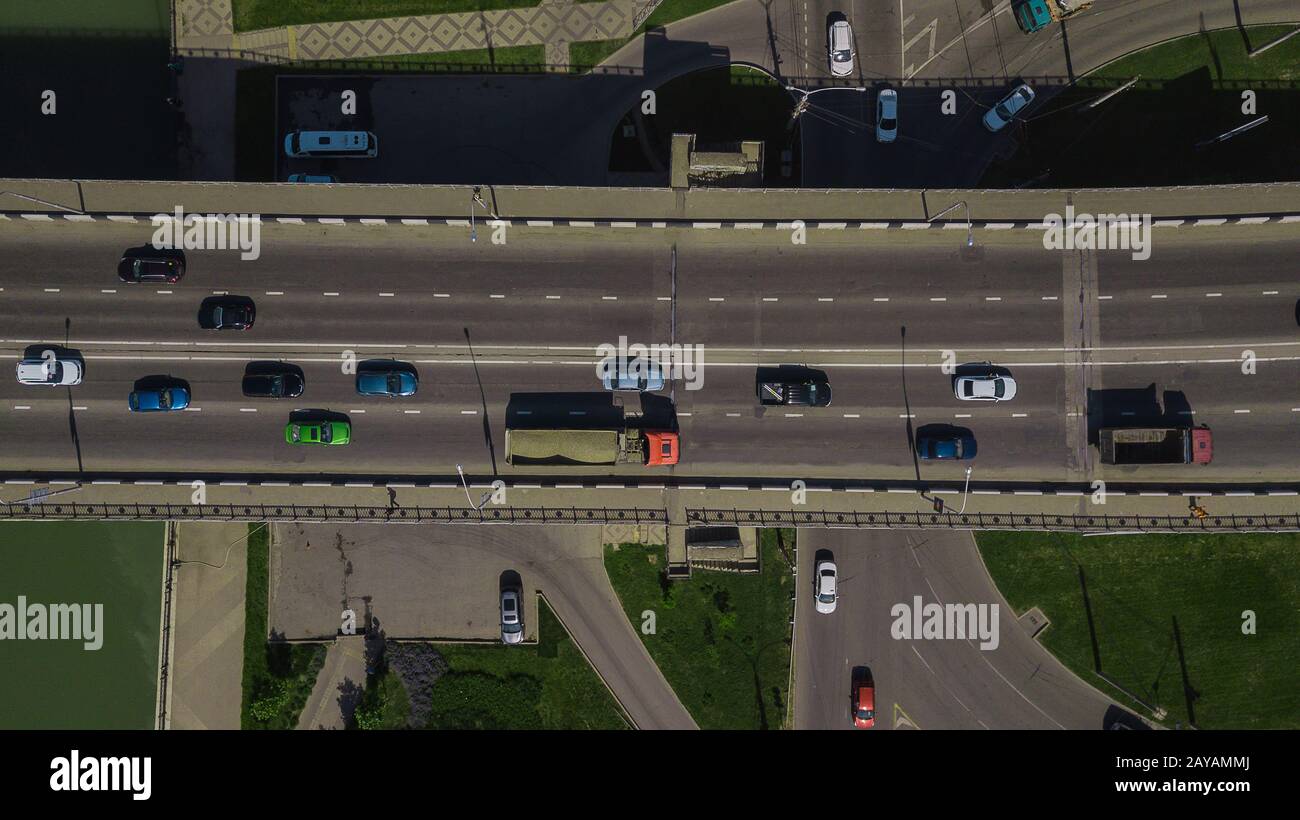 Drone's Eye View - Directly above view of urban traffic jam on bridge ...