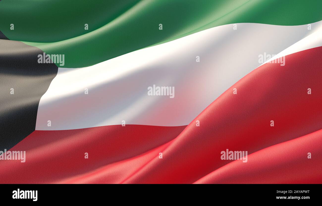 Waved highly detailed close-up flag of Kuwait. 3D illustration Stock ...