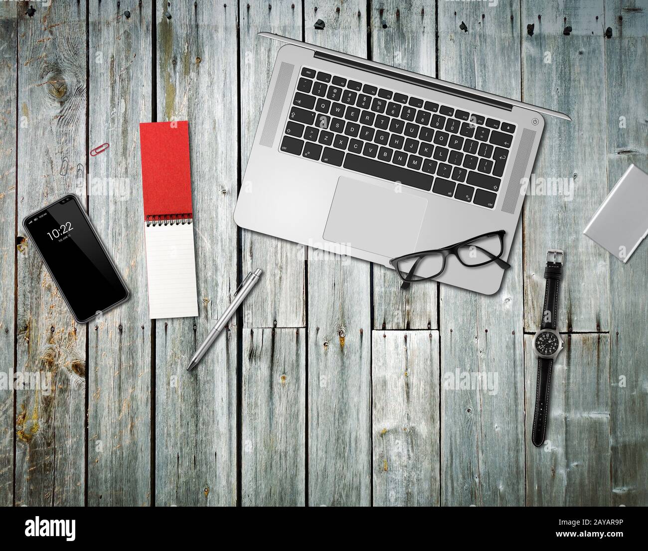 Wooden office desk mockup top view Stock Photo - Alamy