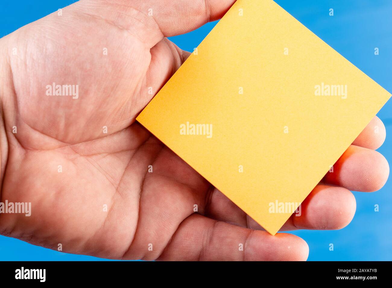 Closed up view colored background man hand holding sticky note. Square ...