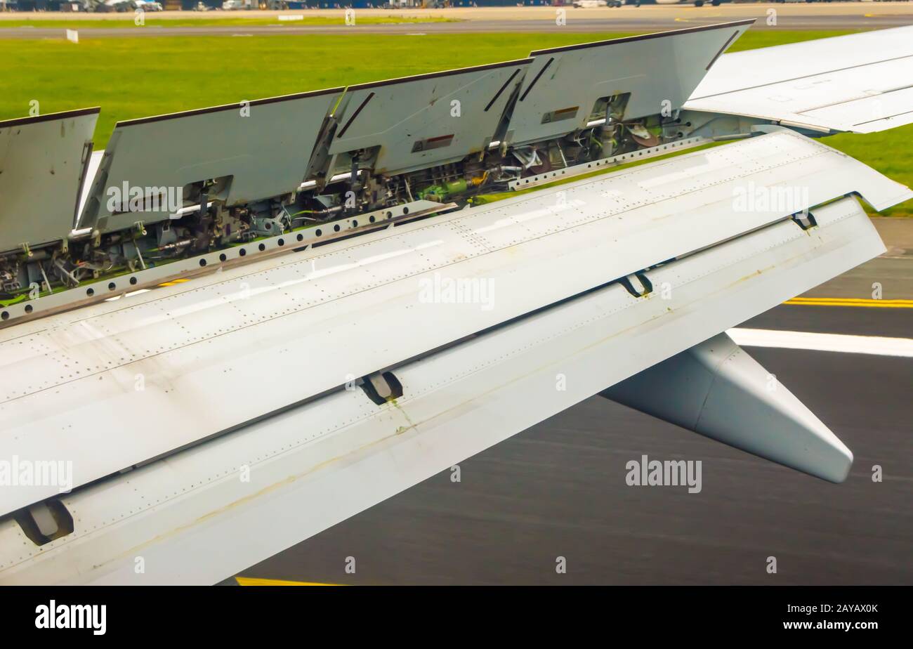 view of the spoiler uprising during a landing of an airliner Stock ...