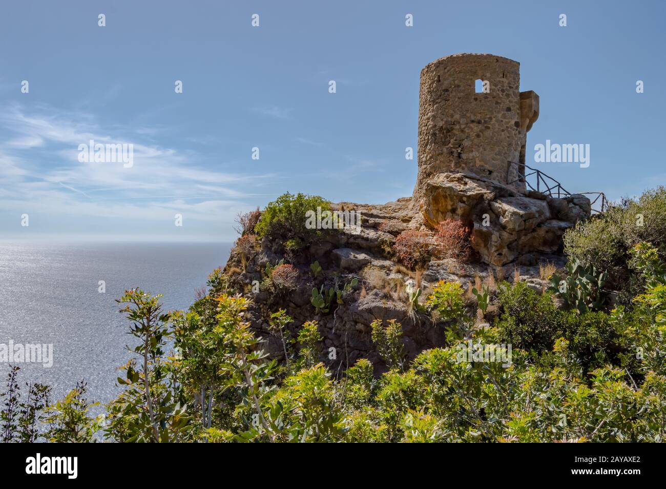 View of an old watchtower on the Mediterranean Sea Stock Photo - Alamy