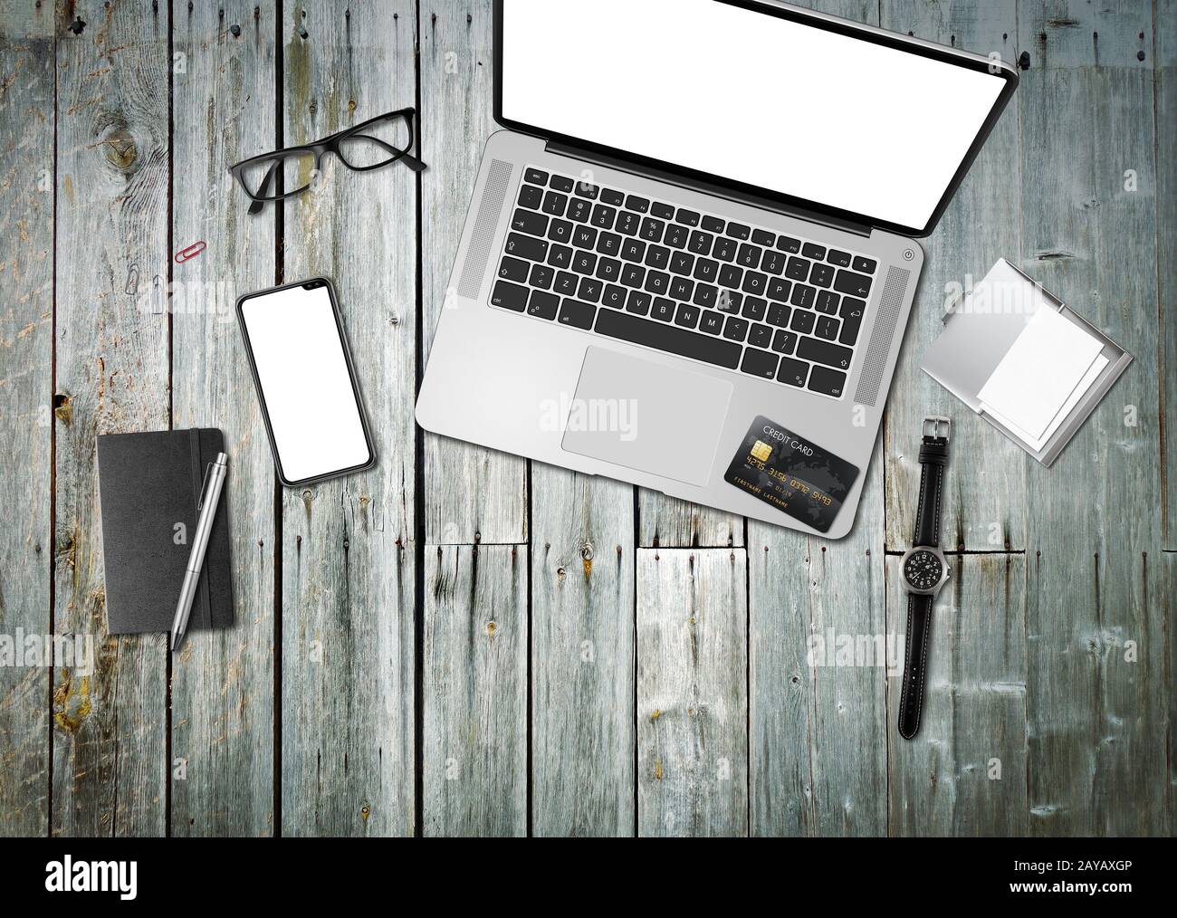 Wooden office desk mockup top view Stock Photo - Alamy