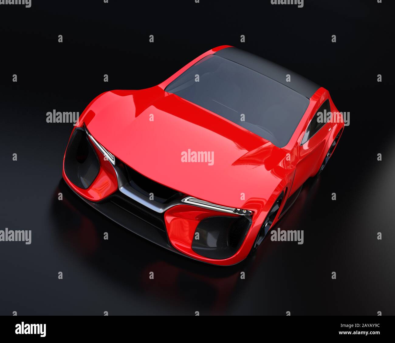 Metallic red paint electric powered sports coupe on black background ...