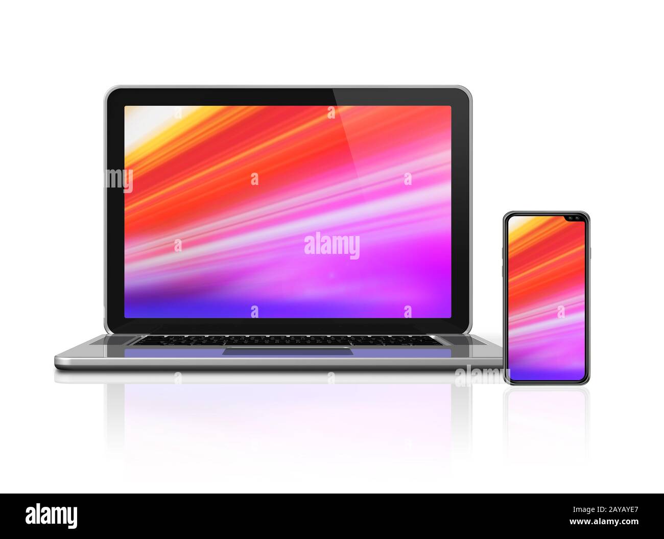 Laptop and mobile phone set mockup isolated on white. 3D render Stock ...