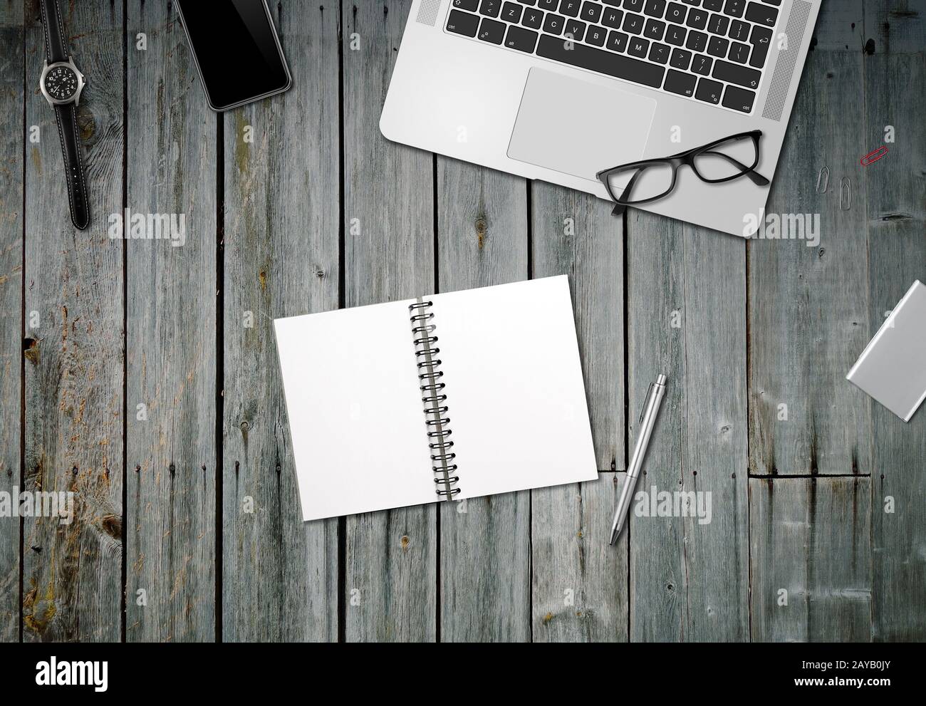 Wooden office desk mockup top view Stock Photo - Alamy