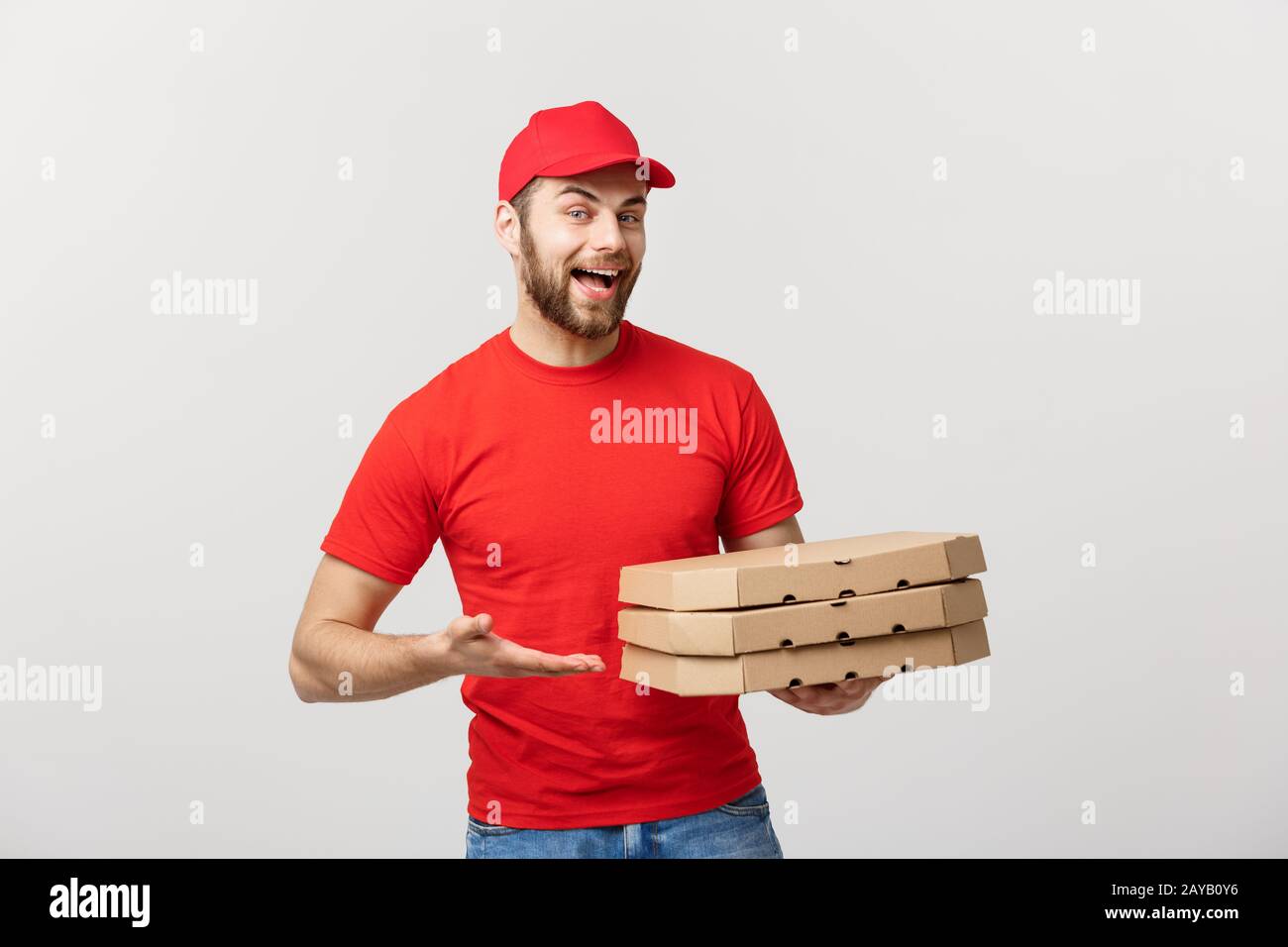 Delivery Concept: Young caucasian Handsome Pizza delivery man holding ...