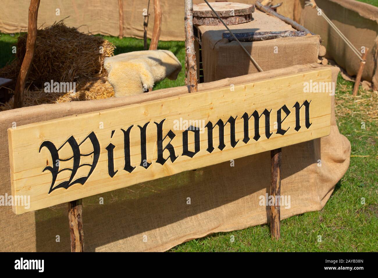 Entrance at a medieval spectacle welcome sign Stock Photo - Alamy