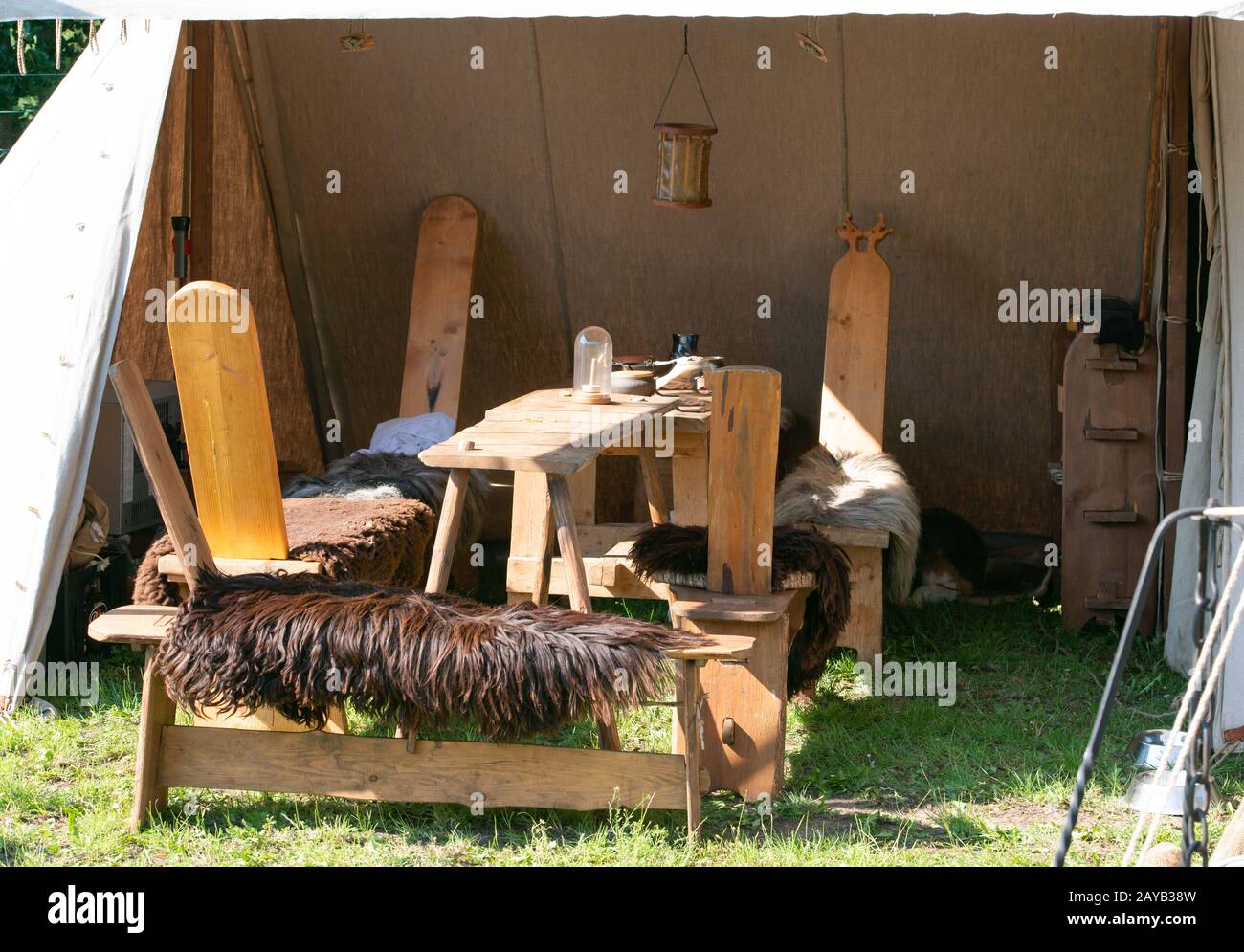 Tent camp and medieval objects during a medieval spectacle Stock Photo ...