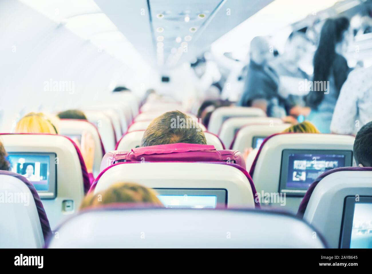 Interior of airplane with passengers Stock Photo - Alamy