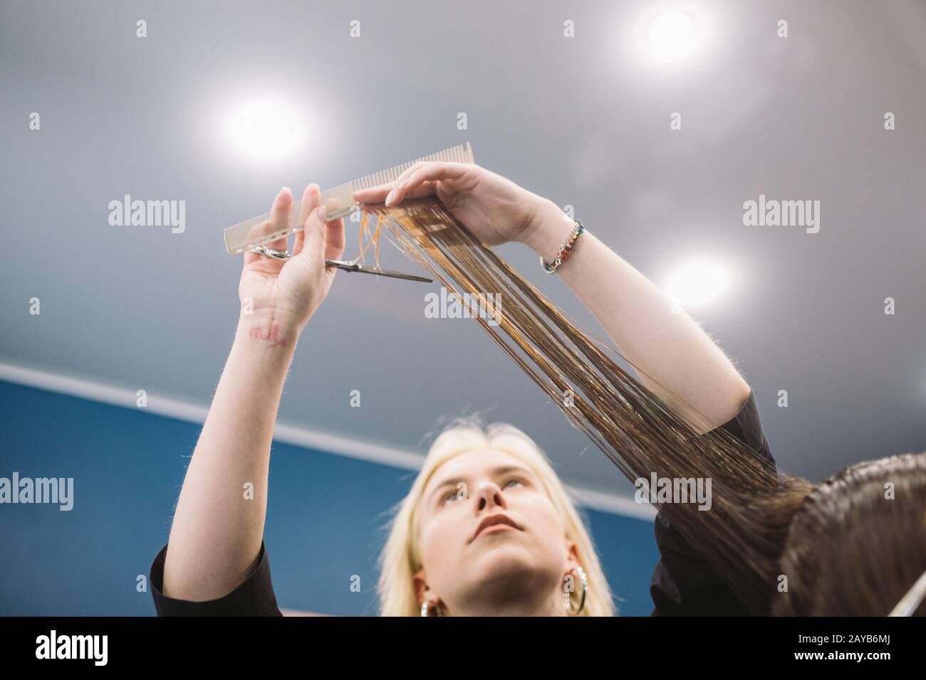 hairdresser holding scissors and comb and makes haircut woman client ...